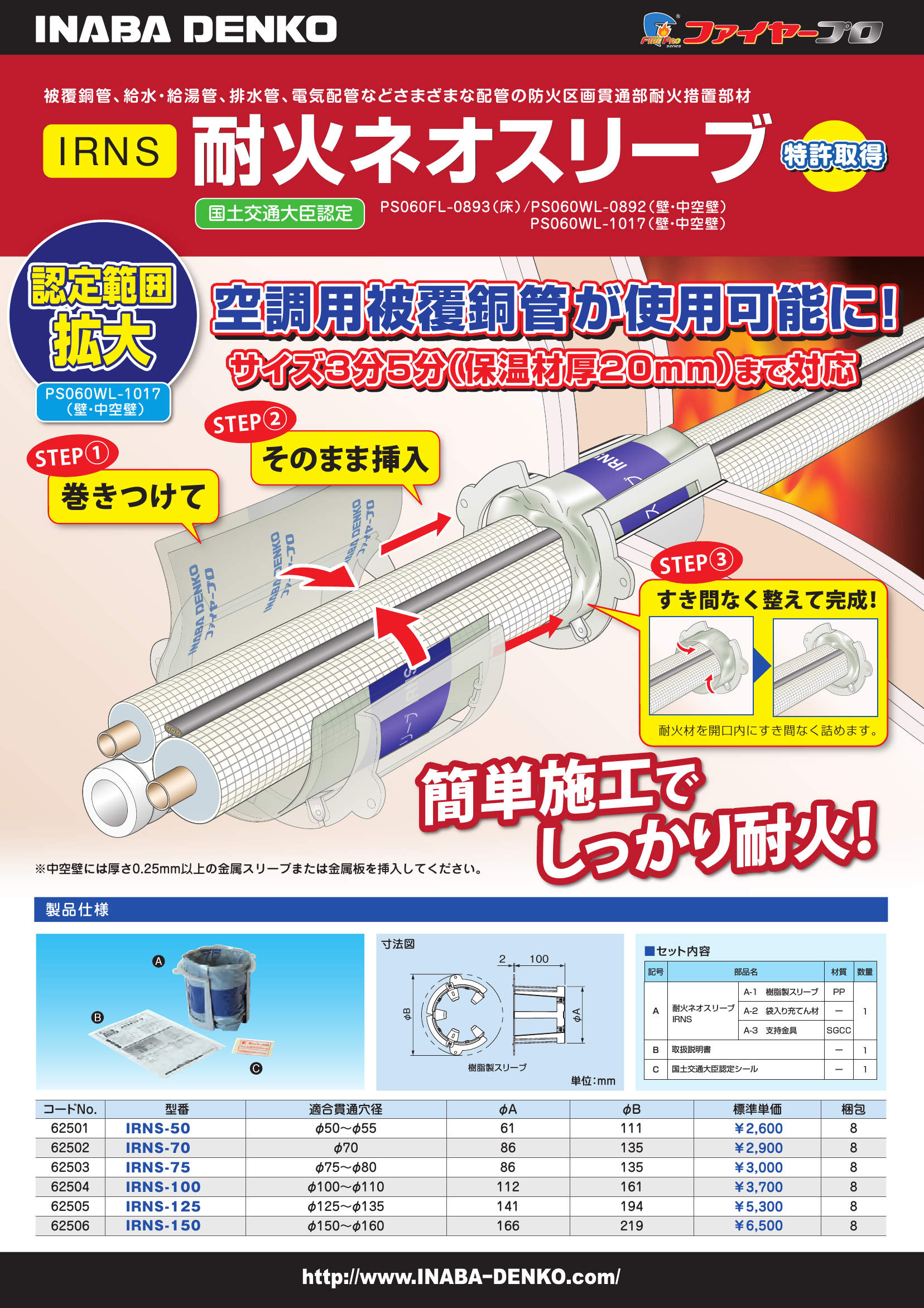 【IRNS】耐火ネオスリーブ | 製品情報 | 因幡電工 INABA DENKO（因幡電機産業）